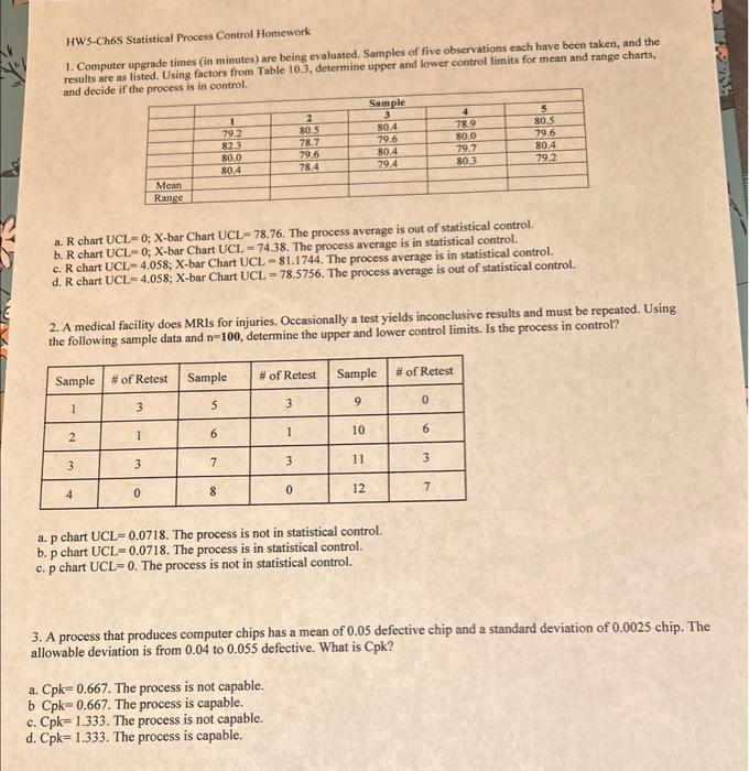 HW5-Ch6S Statistical Process Control Homework 1. | Chegg.com
