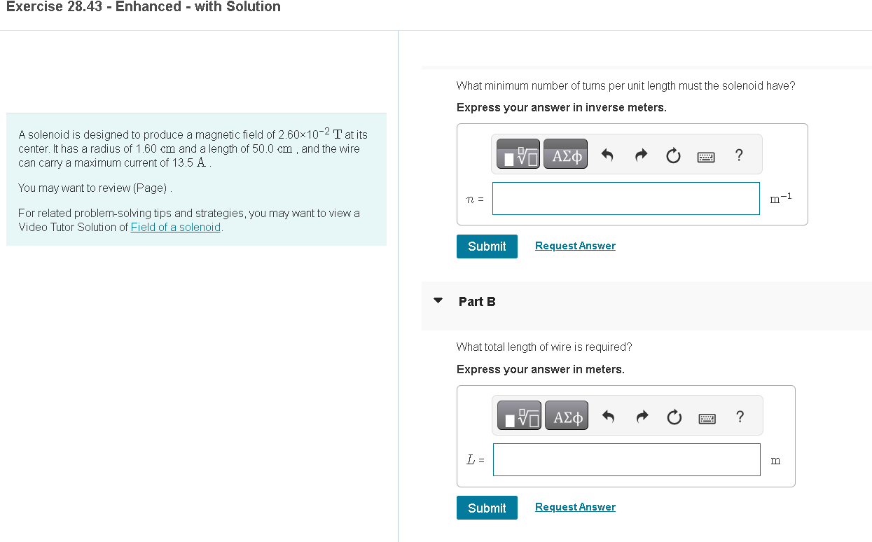 Solved Exercise 28.43 - ﻿Enhanced - ﻿with SolutionA solenoid | Chegg.com