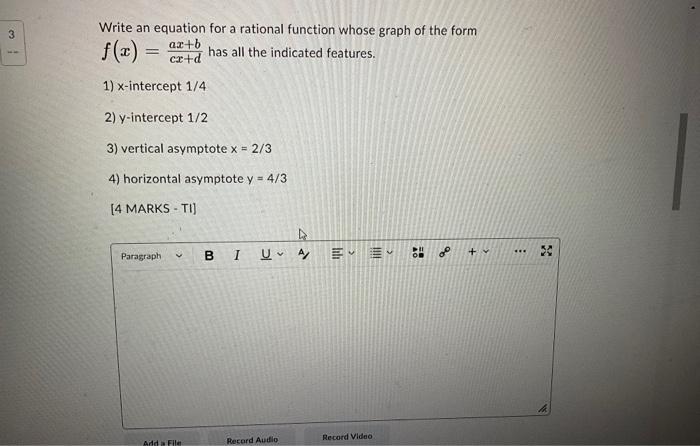 Solved Write an equation for a rational function whose graph | Chegg.com