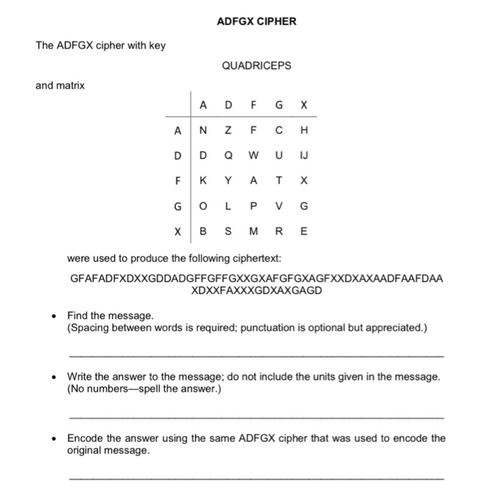 Solved ADFGX CIPHER The ADFGX cipher with key QUADRICEPS and | Chegg.com
