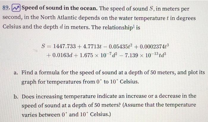 Solved 89. Speed of sound in the ocean. The speed of sound | Chegg.com