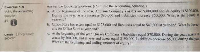Solved Exercise 1-9 Using the accounting equation A1 Answer | Chegg.com