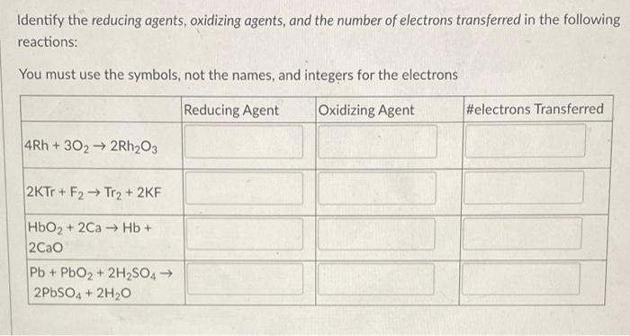 Solved Identify the reducing agents, oxidizing agents, and | Chegg.com