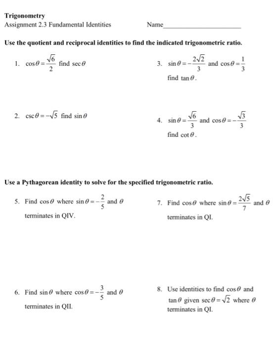 Solved Trigonometry Assignment 2.3 Fundamental Identities | Chegg.com