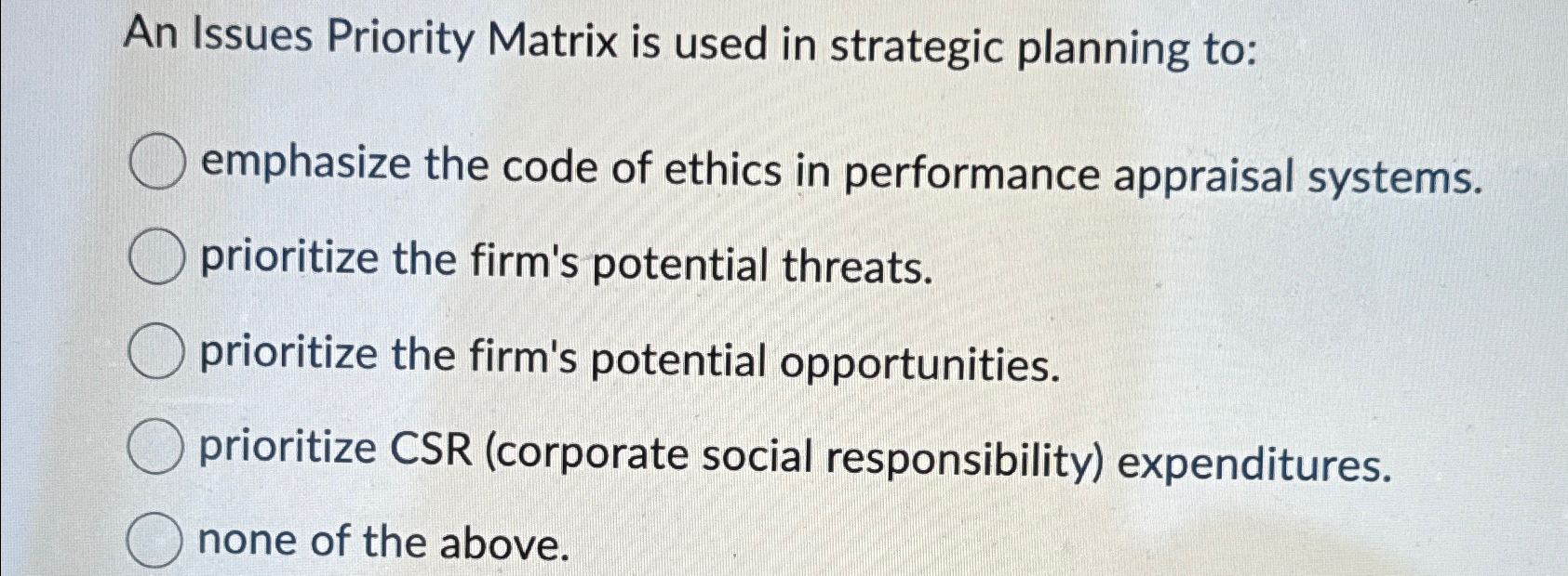 Solved An Issues Priority Matrix is used in strategic | Chegg.com