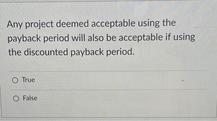 Solved Any project deemed acceptable using the payback | Chegg.com