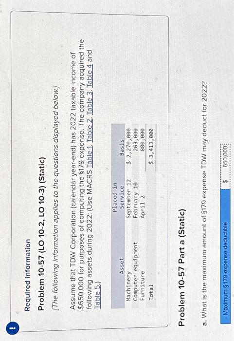 Solved Required information Problem 10-57 (LO 10-2, LO 10-3) | Chegg.com