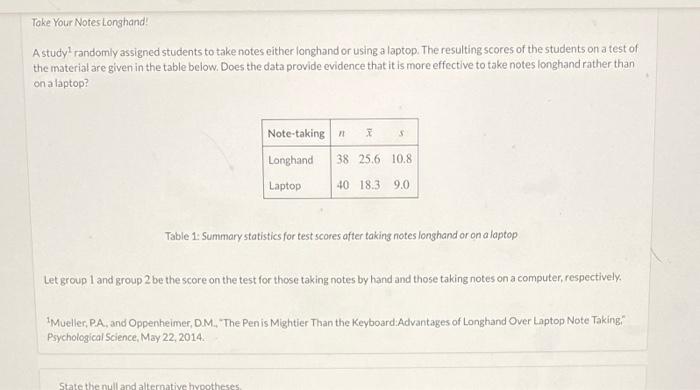 Solved Take Your Notes Longhand! A study randomly assigned | Chegg.com