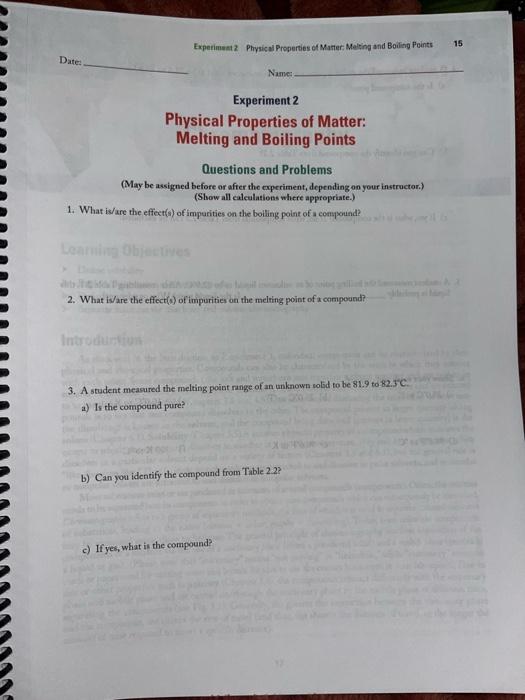 Solved 15 Experiment2 Physical Properties of Matter Melting | Chegg.com