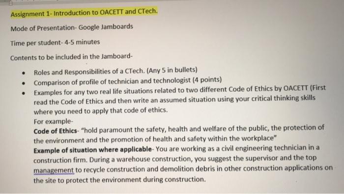 Solved Assignment 1- Introduction to OACETT and CTech. Mode | Chegg.com