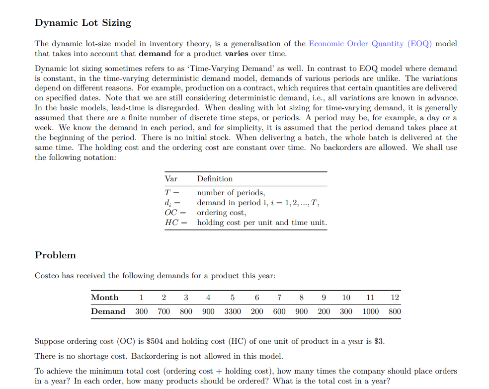 Solved Dynamic Lot SizingThe dynamic lot-size model in | Chegg.com