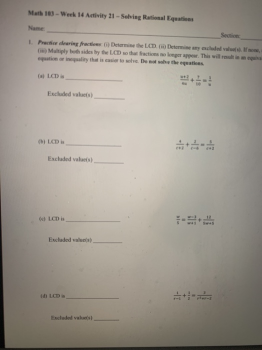 Math 18 - Week 14 Activity 21 - Solving Rational | Chegg.com