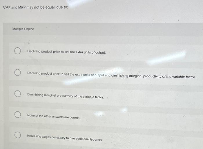 Solved VMP and MRP may not be equal, due to: Multiple Choice | Chegg.com