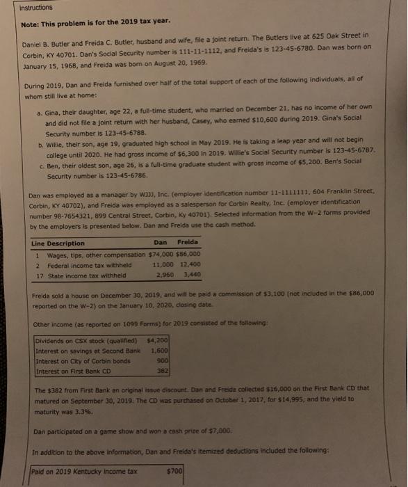Solved Instructions Note: This problem is for the 2019 tax | Chegg.com