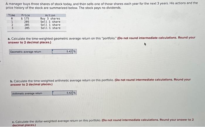 Solved A manager buys three shares of stock today, and then | Chegg.com