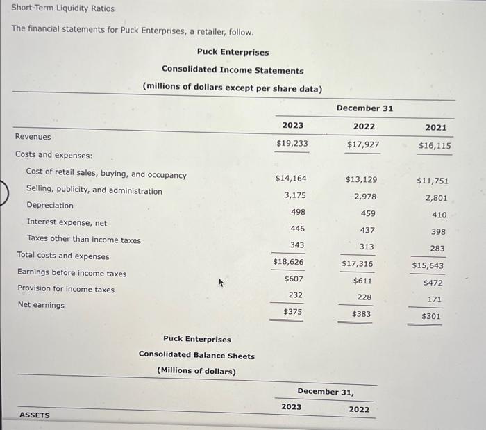 Solved Short-Term Liquidity Ratios The financial statements | Chegg.com