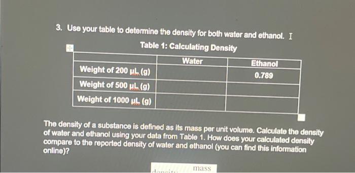 Solved 3. Use your table to determine the density for both | Chegg.com