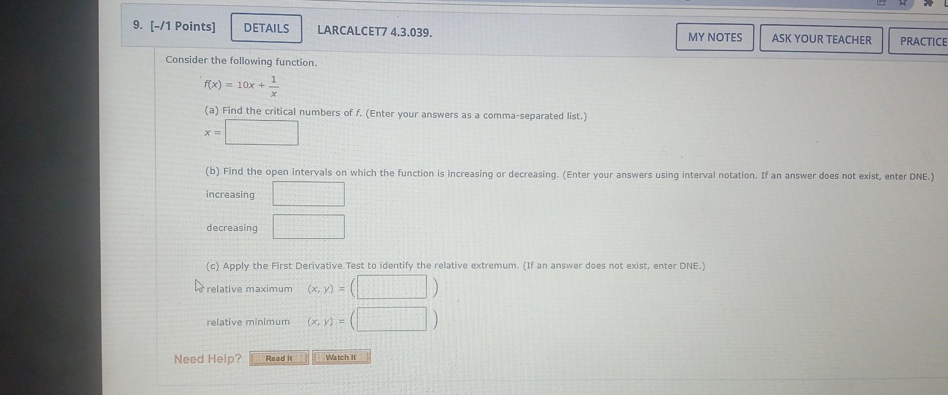 Solved Consider the following function. f(x)=10x+x1 (a) Find | Chegg.com