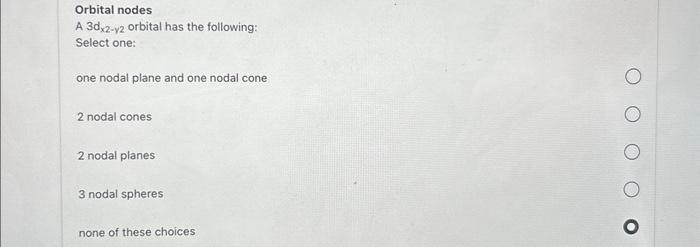 Solved Orbital nodes A 3dx2−y2 orbital has the following: | Chegg.com