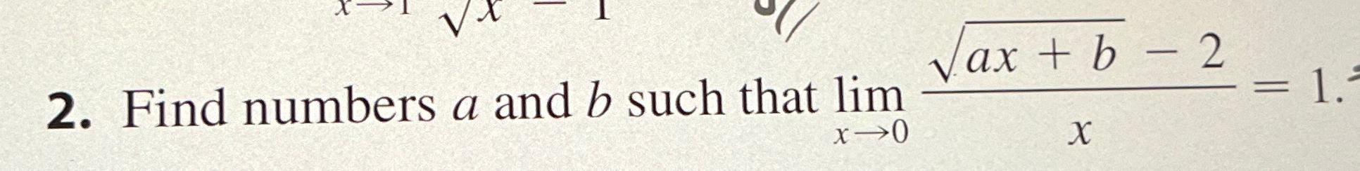 Solved Find numbers a and b ﻿such that limx→0ax+b2-2x=1. | Chegg.com