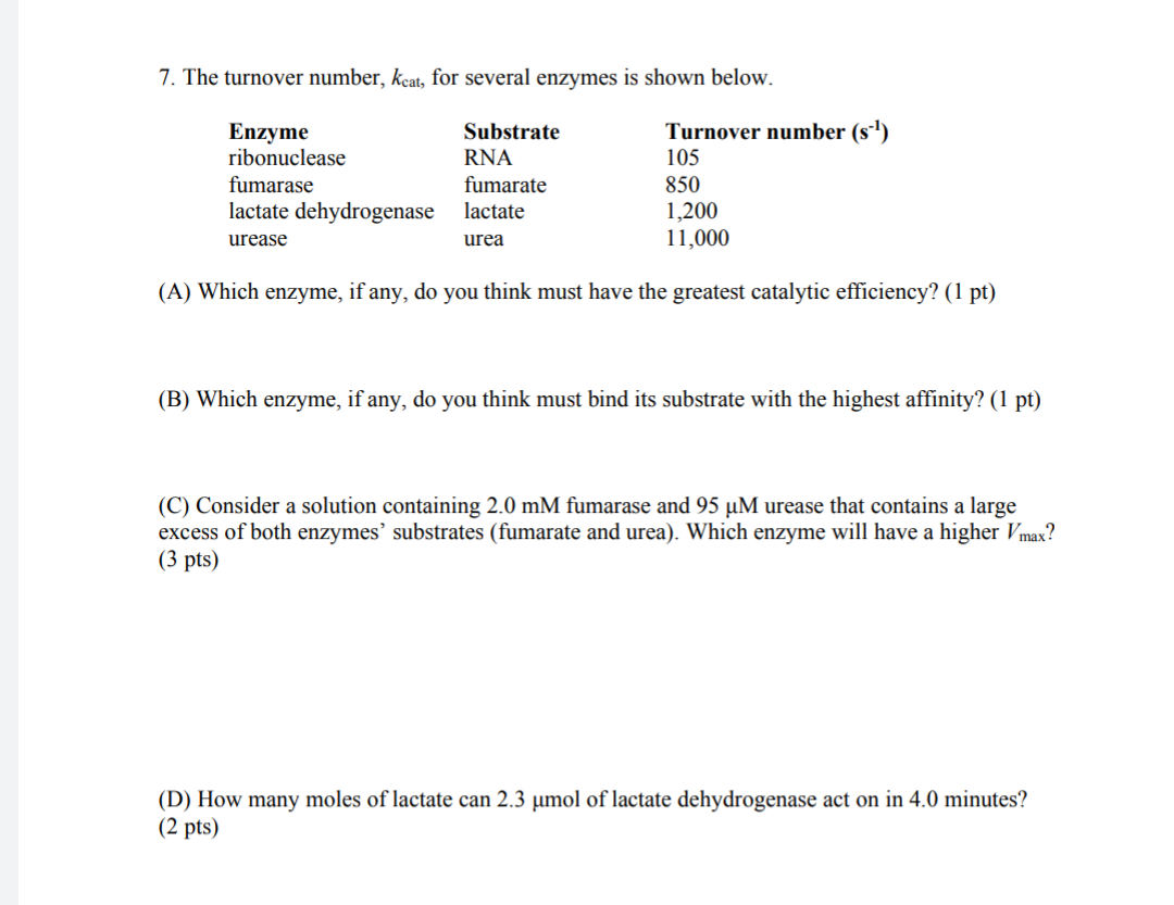 Solved 7. The turnover number, kcat, for several enzymes is | Chegg.com