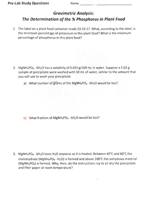 Solved Pre-Lab Study Questions Name Gravimetric Analysis: | Chegg.com