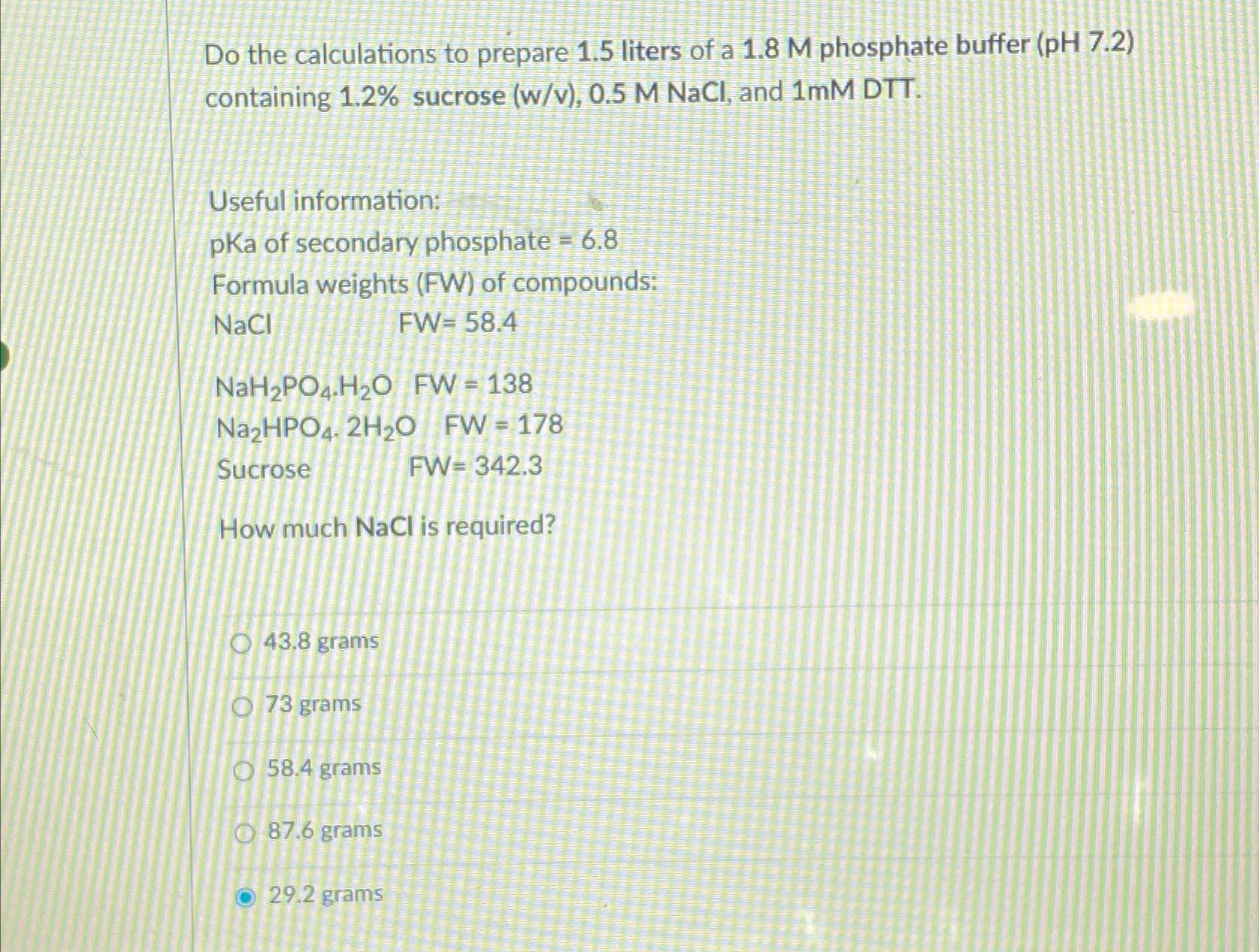 Solved Do the calculations to prepare 1.5 ﻿liters of a 1.8M | Chegg.com
