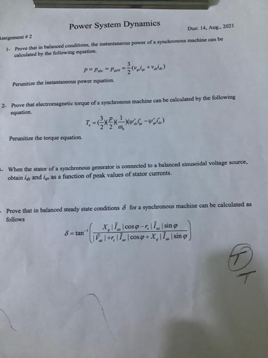 Solved Power System Dynamics assignment #2 Due: 14. Aug., | Chegg.com
