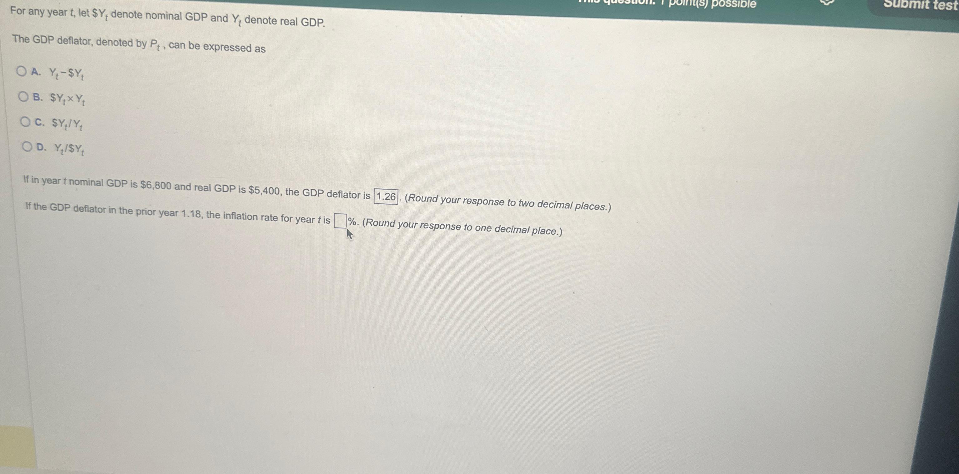 Solved For any year t, ﻿let $Yt ﻿denote nominal GDP and Yt | Chegg.com
