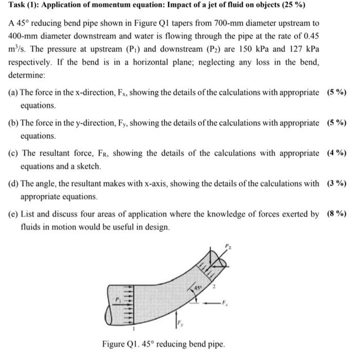 Solved A 45∘ reducing bend pipe shown in Figure Q1 tapers | Chegg.com