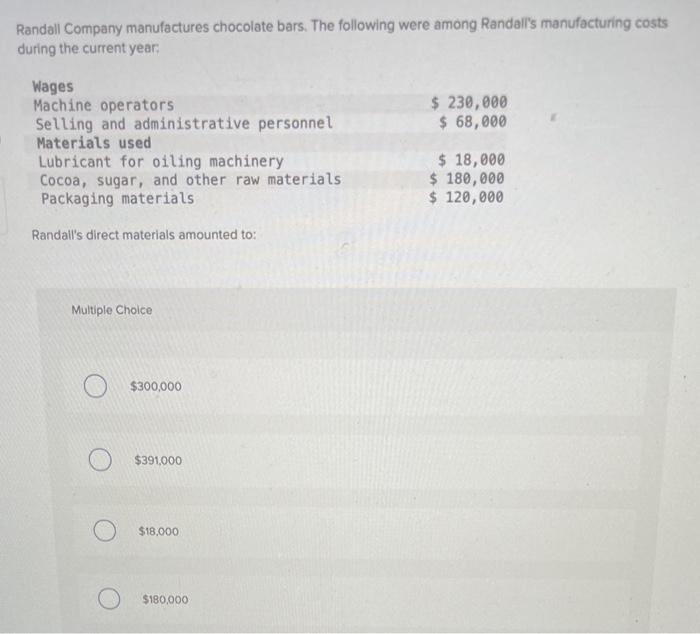 Solved Randall Company manufactures chocolate bars. The | Chegg.com