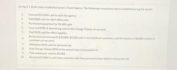 Solved On April 1, Ruth Lewis established Lewis's Travel | Chegg.com