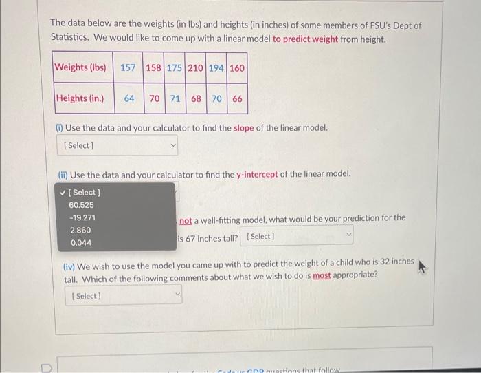 Solved The data below are the weights (in Ibs) and heights | Chegg.com