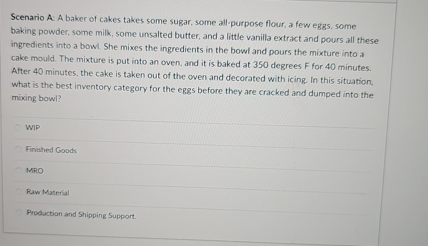 Solved Scenario A: A baker of cakes takes some sugar, some | Chegg.com