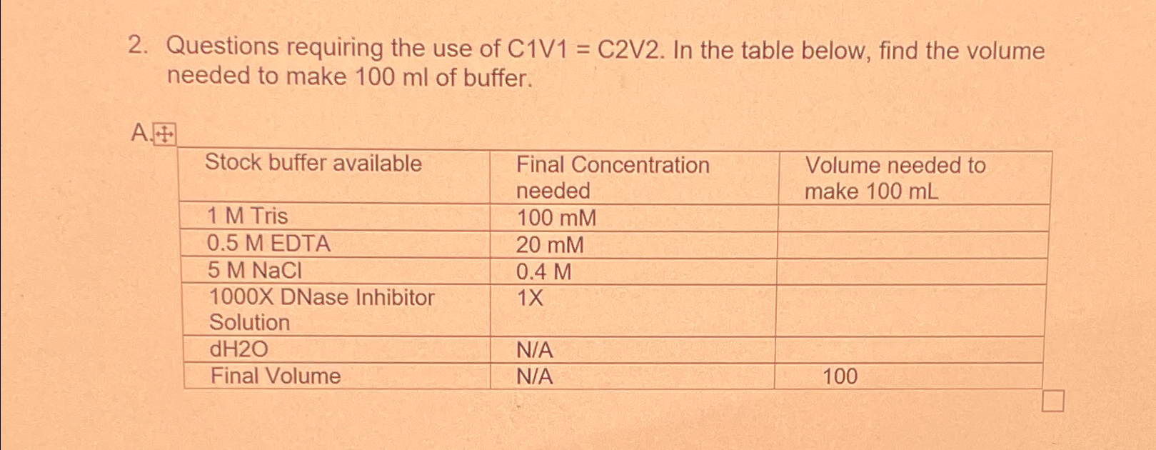 Solved Questions requiring the use of C1V1=C2V2. ﻿In the | Chegg.com