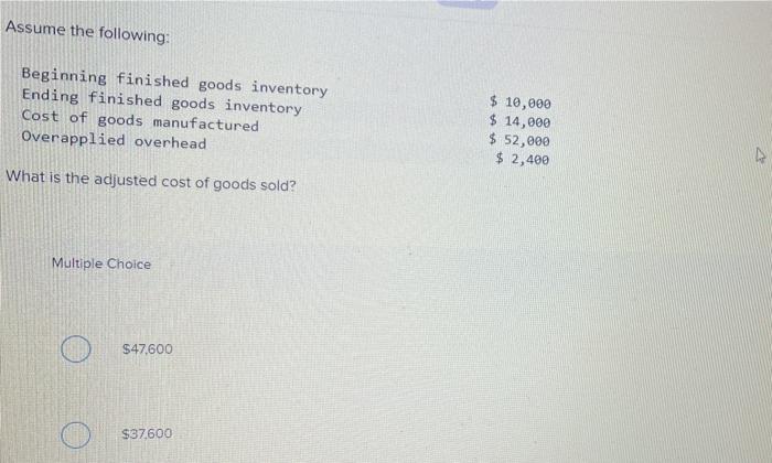 Solved Assume the following: Beginning finished goods | Chegg.com