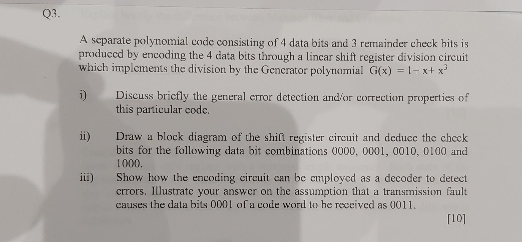 Solved A separate polynomial code consisting of 4 data bits | Chegg.com