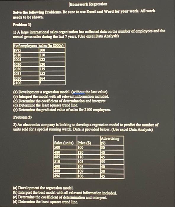 Homework Regression Solve the following Problems. Be | Chegg.com