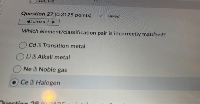 Solved Which element/classification pair is incorrectly | Chegg.com