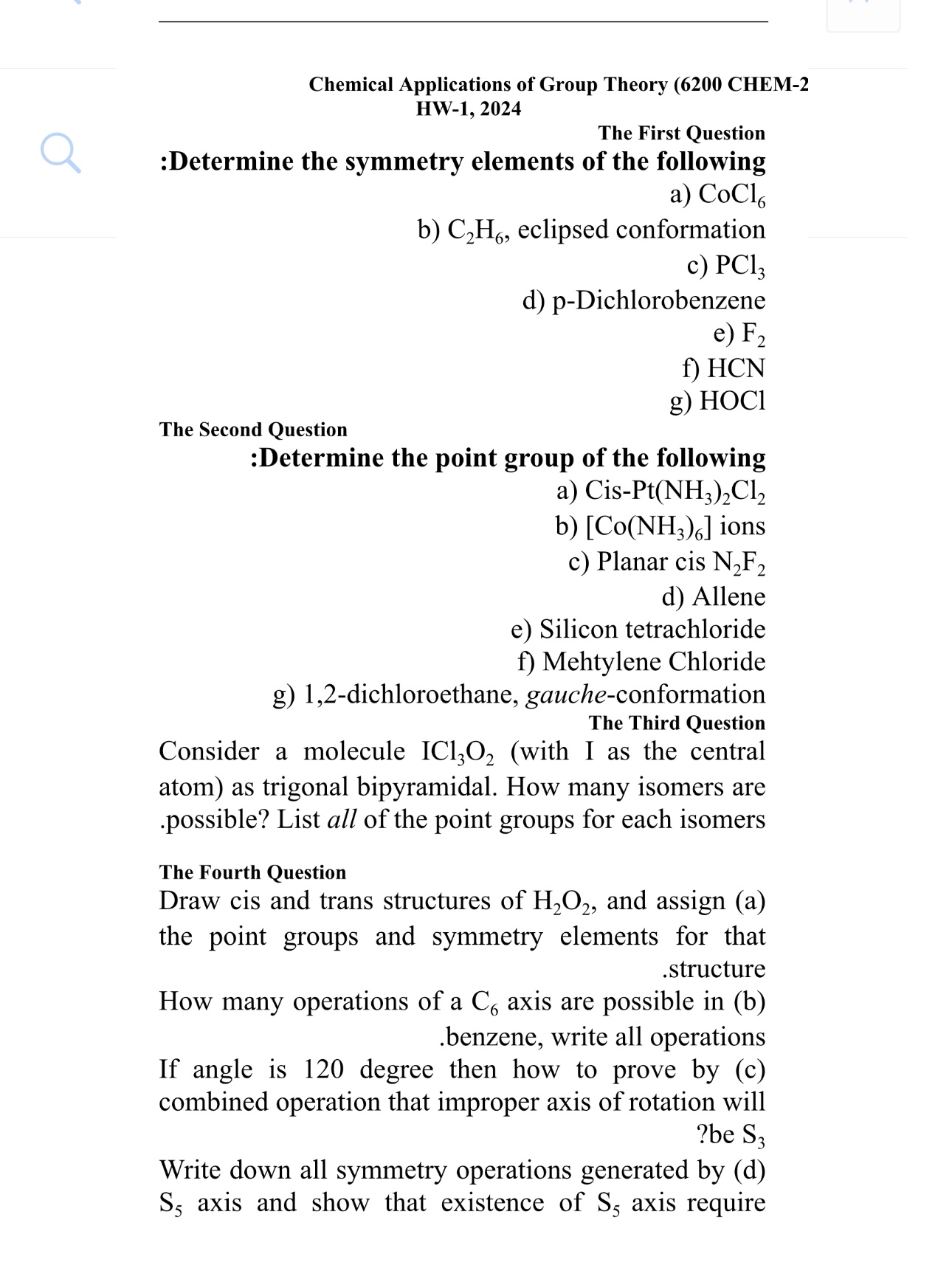 Solved Chemical Applications of Group Theory ( 6200 | Chegg.com