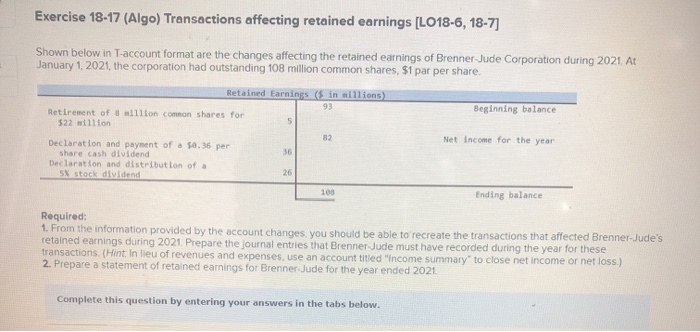 Solved Exercise 18-17 (Algo) Transactions affecting retained | Chegg.com
