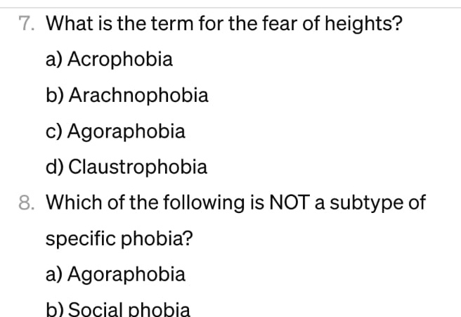 Solved What is the term for the fear of heights?a) | Chegg.com