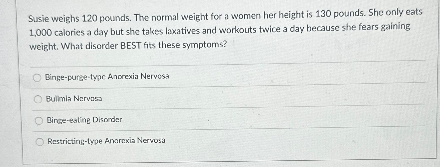 Solved Susie weighs 120 ﻿pounds. The normal weight for a | Chegg.com
