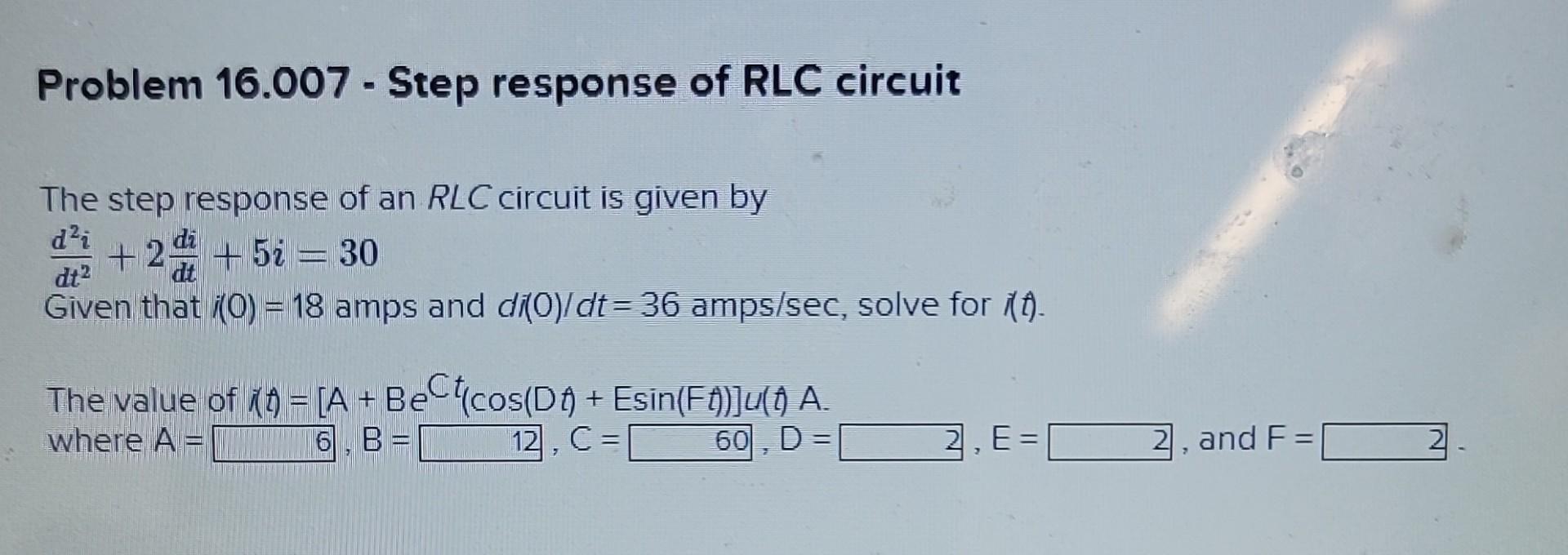 Solved Problem 16.007 - Step response of RLC circuit The | Chegg.com