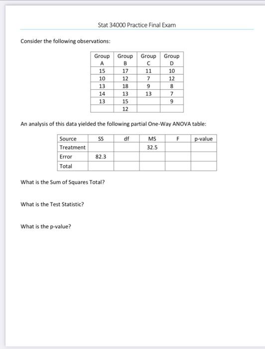 Solved Consider the following observations: An analysis of | Chegg.com