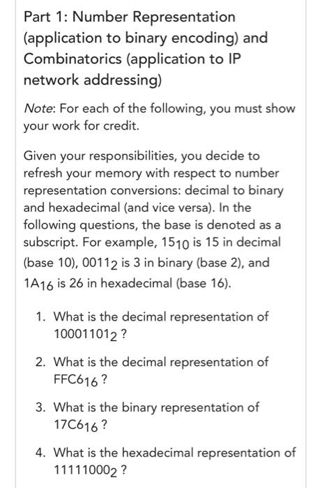 Solved Part 1: Number Representation (application to binary | Chegg.com