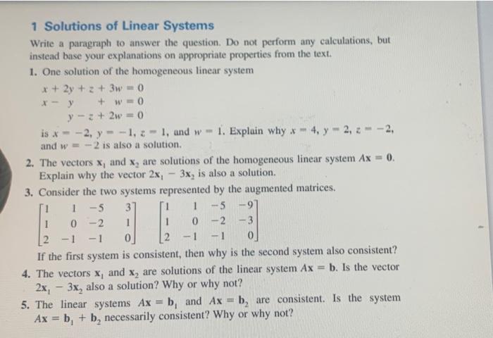 Solved 1 Solutions of Linear Systems Write a paragraph to | Chegg.com