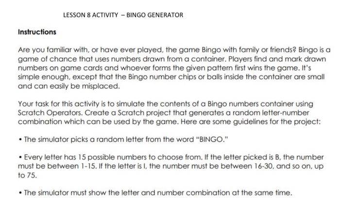 Solved LESSON 8 ACTIVITY - BINGO GENERATOR Instructions Are | Chegg.com