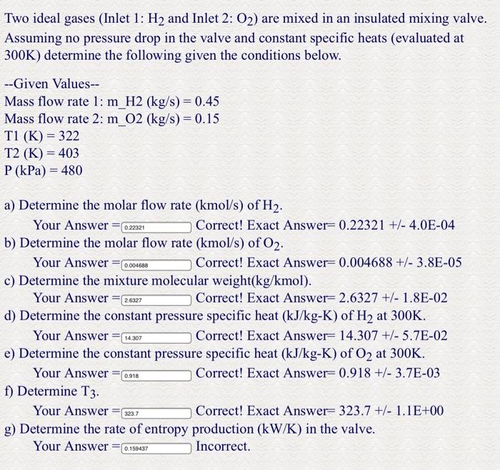 Solved Two ideal gases (Inlet 1: H2 and Inlet 2:02) are | Chegg.com