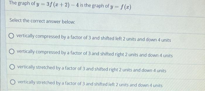 Solved The graph of y = 3f (x+2) – 4 is the graph of y=f(x) | Chegg.com